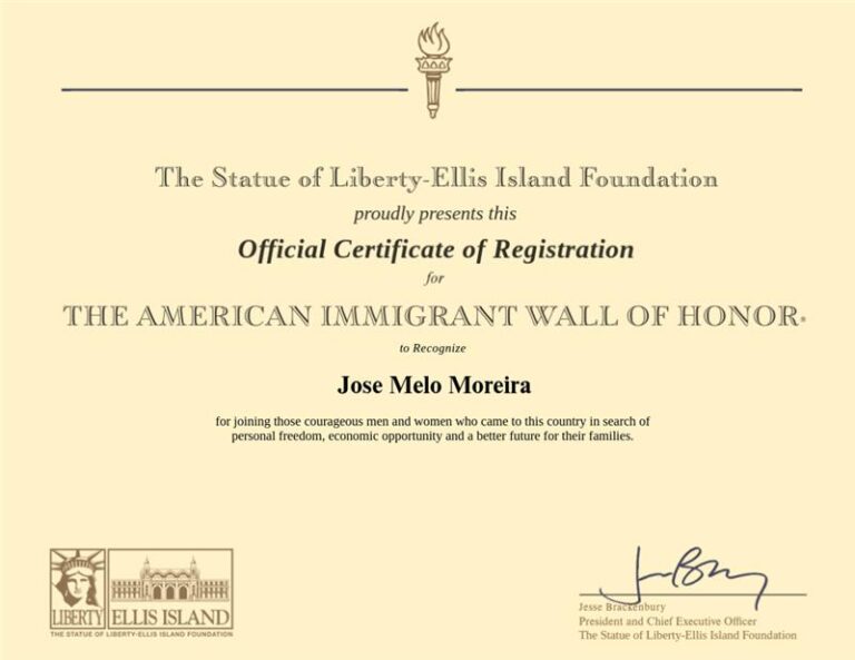 Free Commemorative Certificate of Registration | Statue of Liberty ...